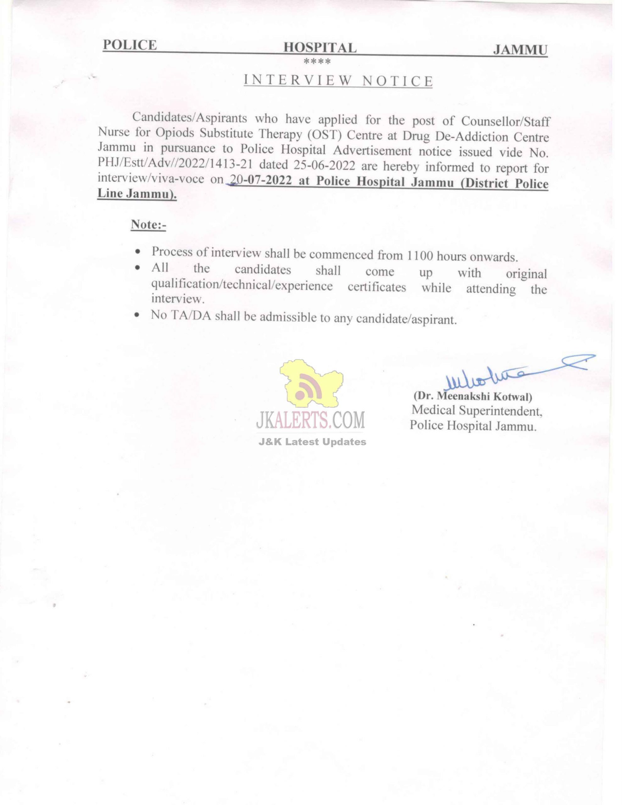 Police Hospital Jammu Interview Notice for Counselor, Staff Nurse