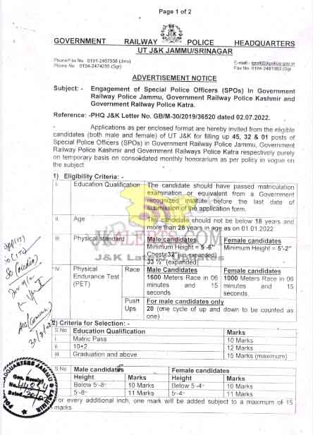 JK Police SPO jobs in GRP Govt Railway Police. | JKAlerts JK