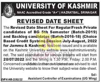 University Of Kashmir Revised Date Sheet Jkalerts Jk