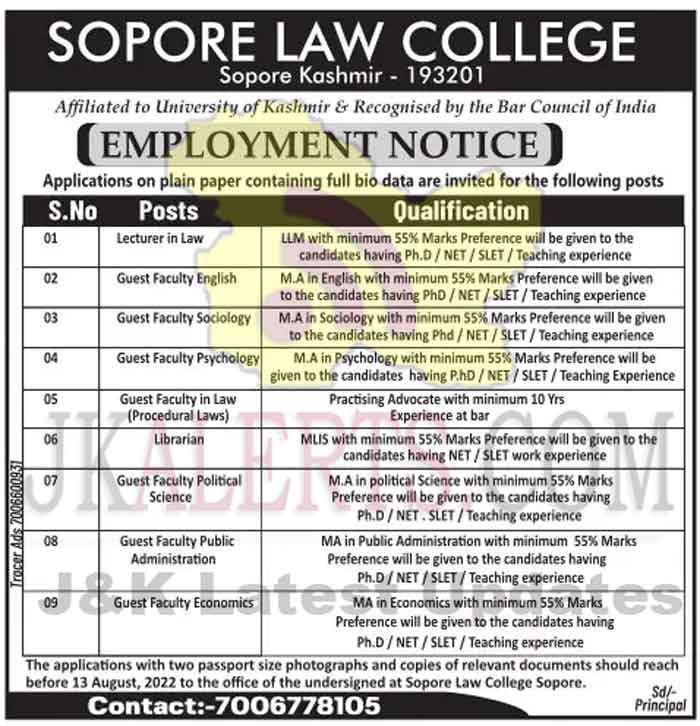 Sopore Law College Jobs Recruitment 2022. | JKAlerts
