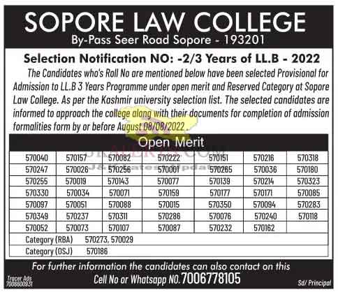 Sopore Law College Selection List LLB Admission.