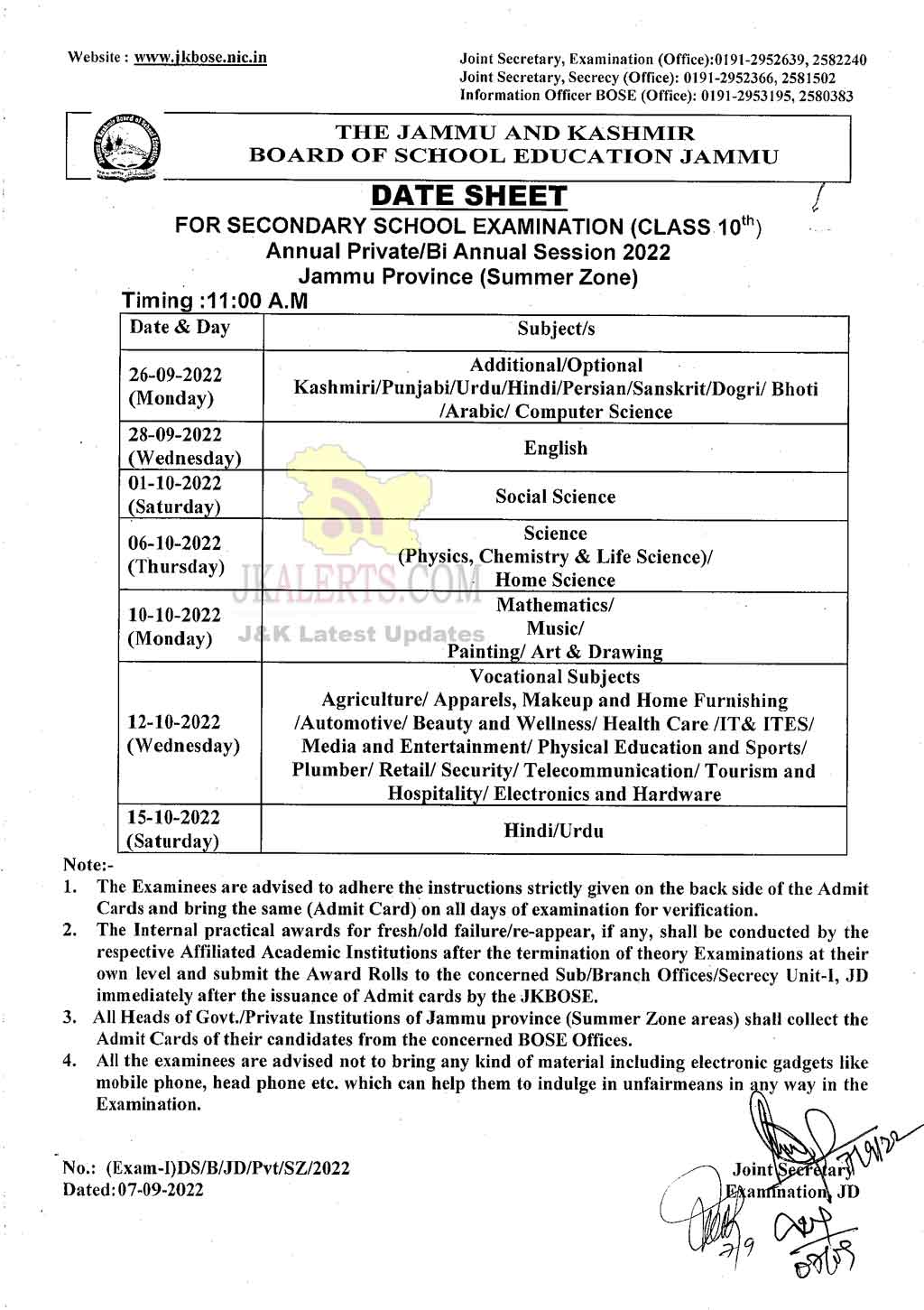 JKBOSE Class 10th Date Sheet Jammu Province Summer Zone.