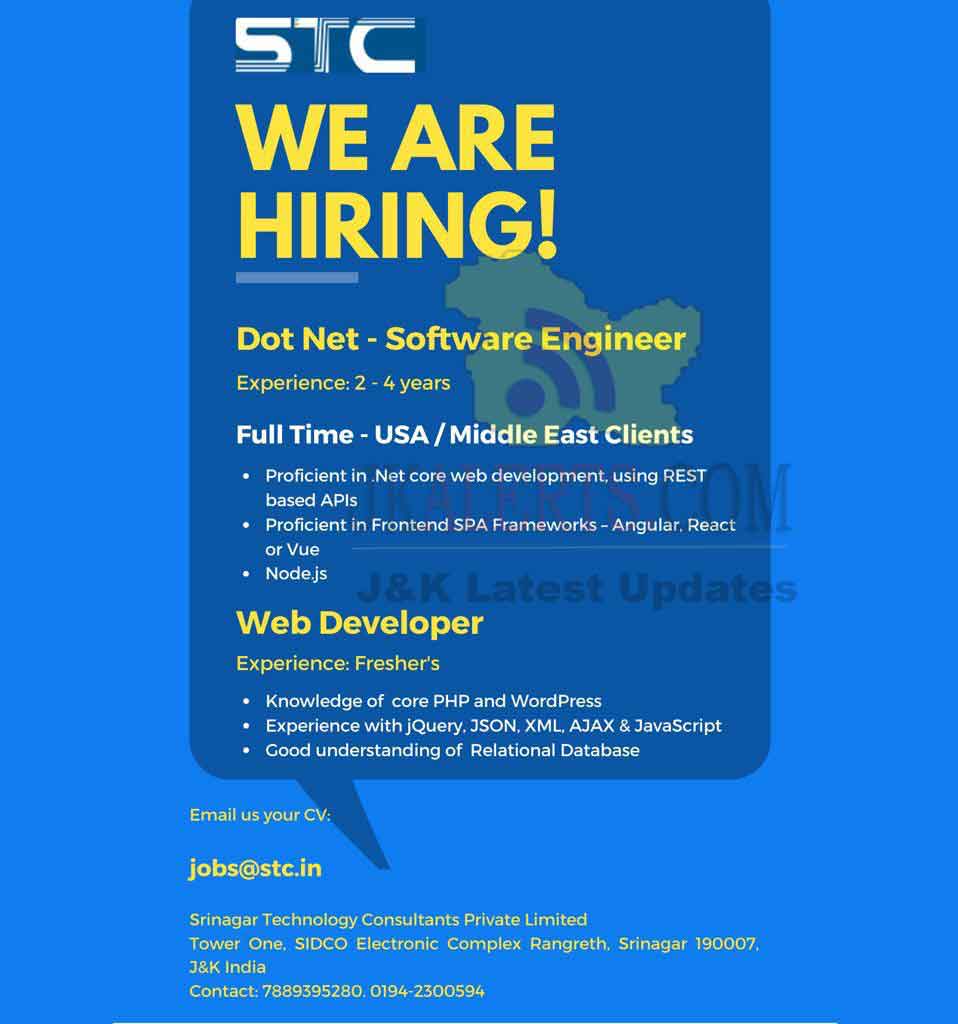 STC Srinagar Jobs Dot Net Software Engineer, Web Developer