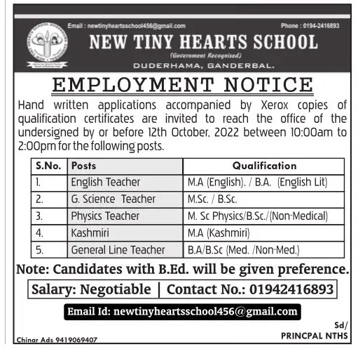 Tiny Heart School jobs recruitment 2022. JKAlerts JK Updates