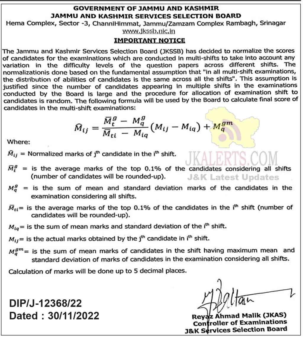 JKSSB Normalization the scores for Multi-Shift CBT Exams. | JKAlerts