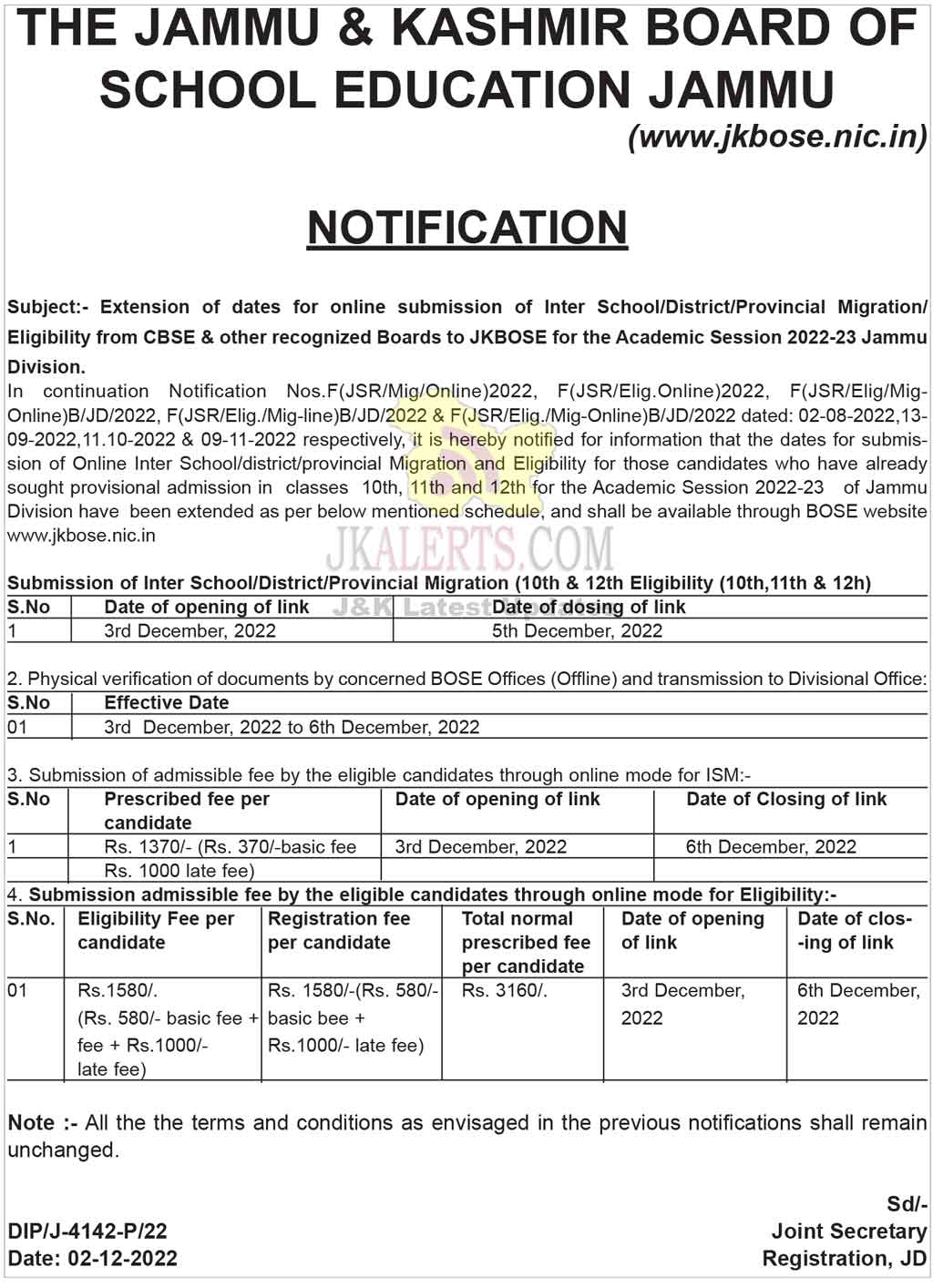 JKBOSE extended last date for submission of migration certificate.