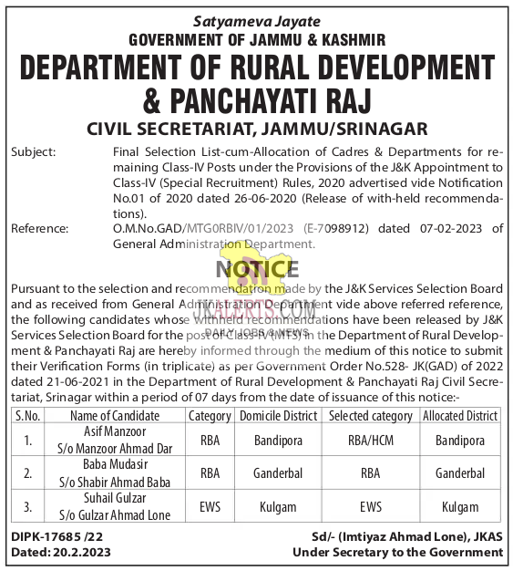 Final Selection List for remaining Class-IV Posts | JKAlert