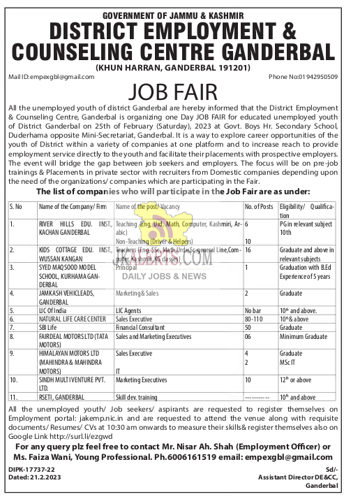 Job fair District Employment & Counseling centre Ganderbal