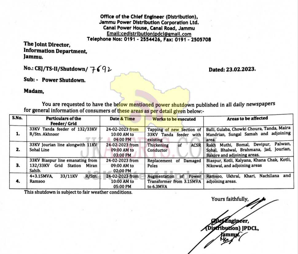 Power Shutdown in various parts of Jammu. JKAlerts JK Update