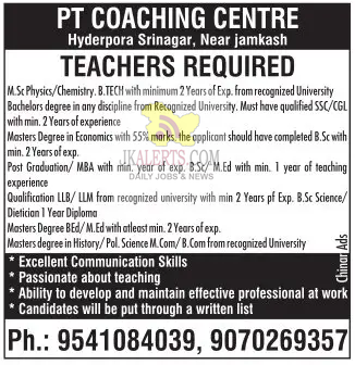 Teachers Job in PT Coaching Centre. | Govt Private Jobs updates Jammu ...