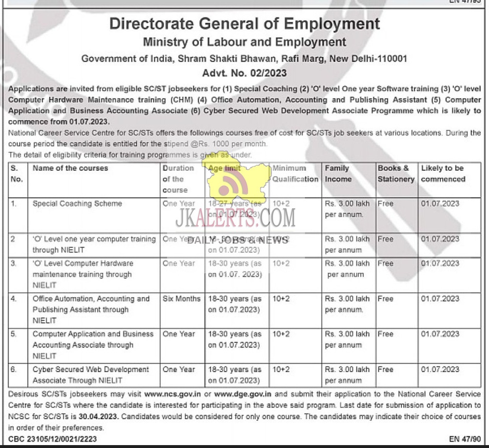 Directorate General of Employment Training/Courses. | JK