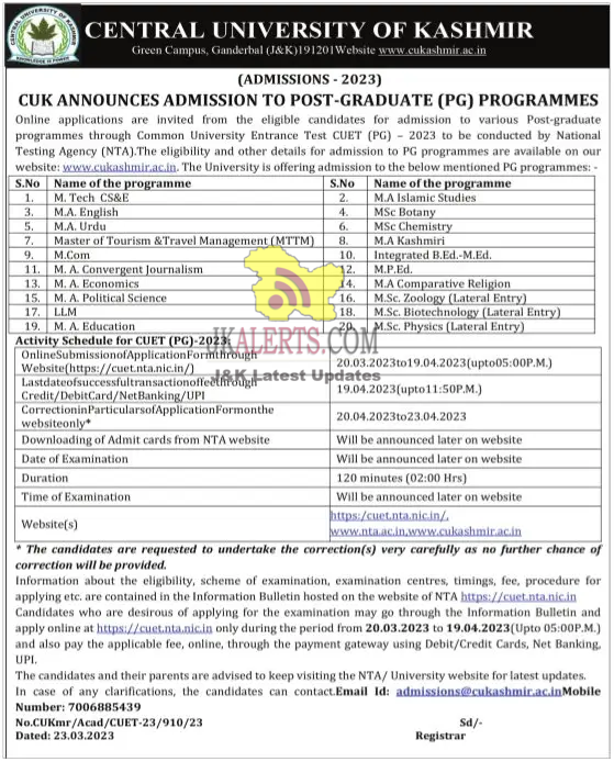 Central University Of Kashmir Admission Notice For