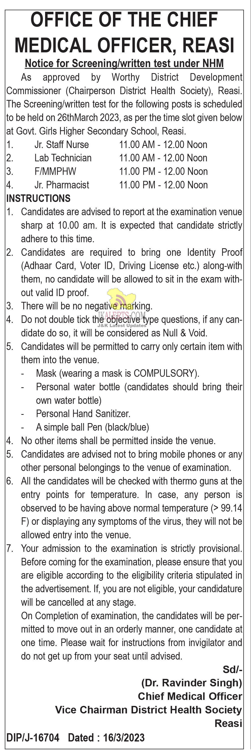 Screening/written test for Jr. Staff Nurse Lab Technician Jr