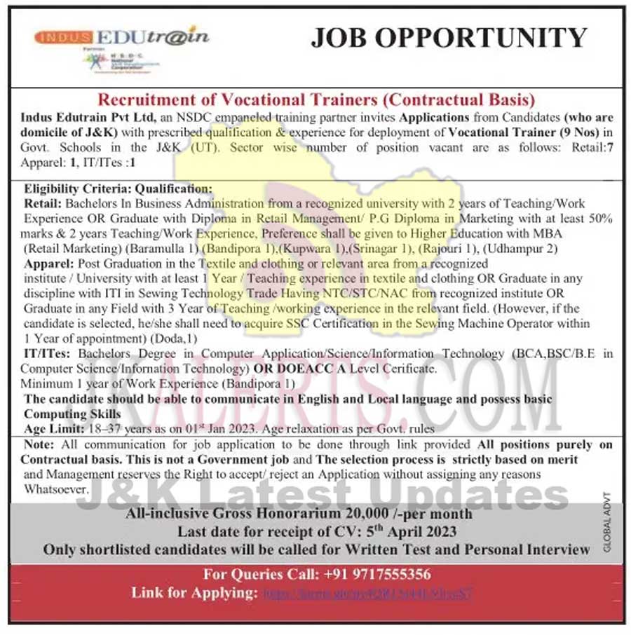 Vocational Trainers jobs in Indus Edutrain 9 vacancies.