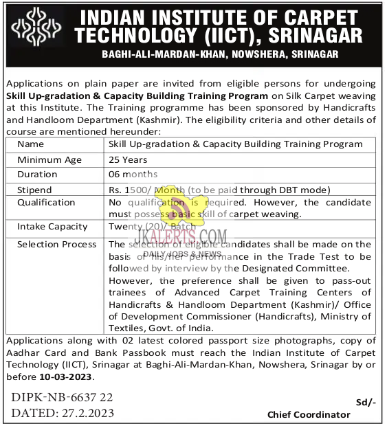 Training Program Notice IICT Srinagar. | JKAlerts JK Updates