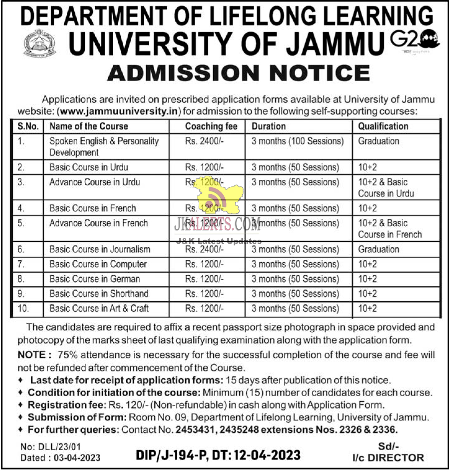 Jammu University Admission Notice for Various Courses.