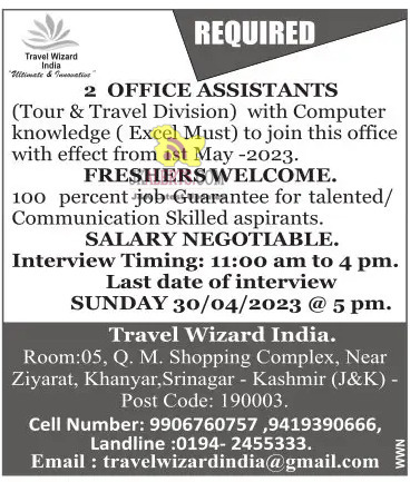 Office Assistants Jobs in Travel Wizard India | JKAlerts JK