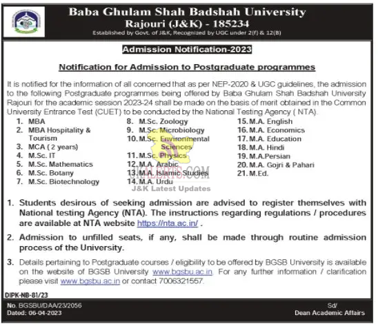 PG Programmes Admission Notice to Baba Ghulam Shah Badshah