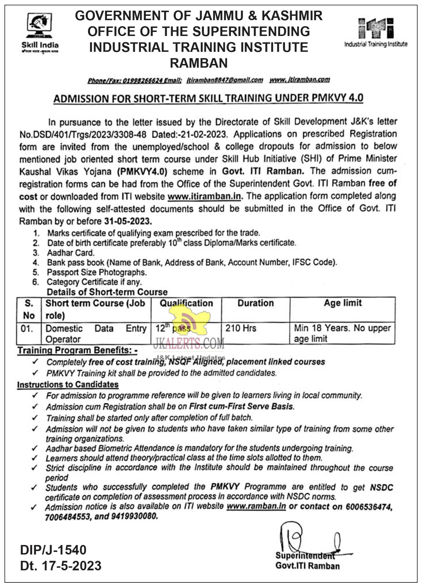 ITI Ramban Admission for short-term skill training. | JK