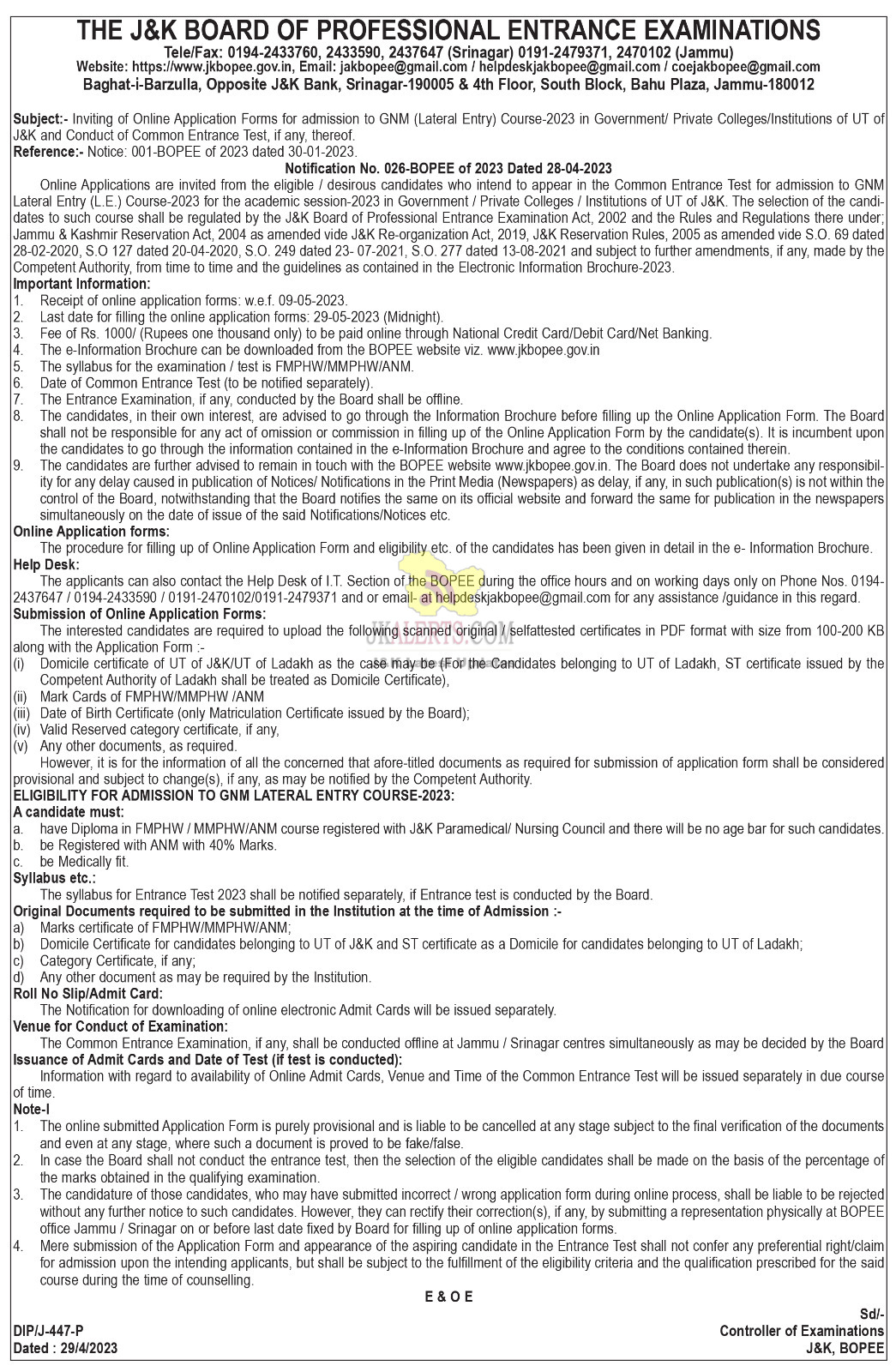 JKBOPEE GNM Admission Notice 2023. | jkalerts jkupdates