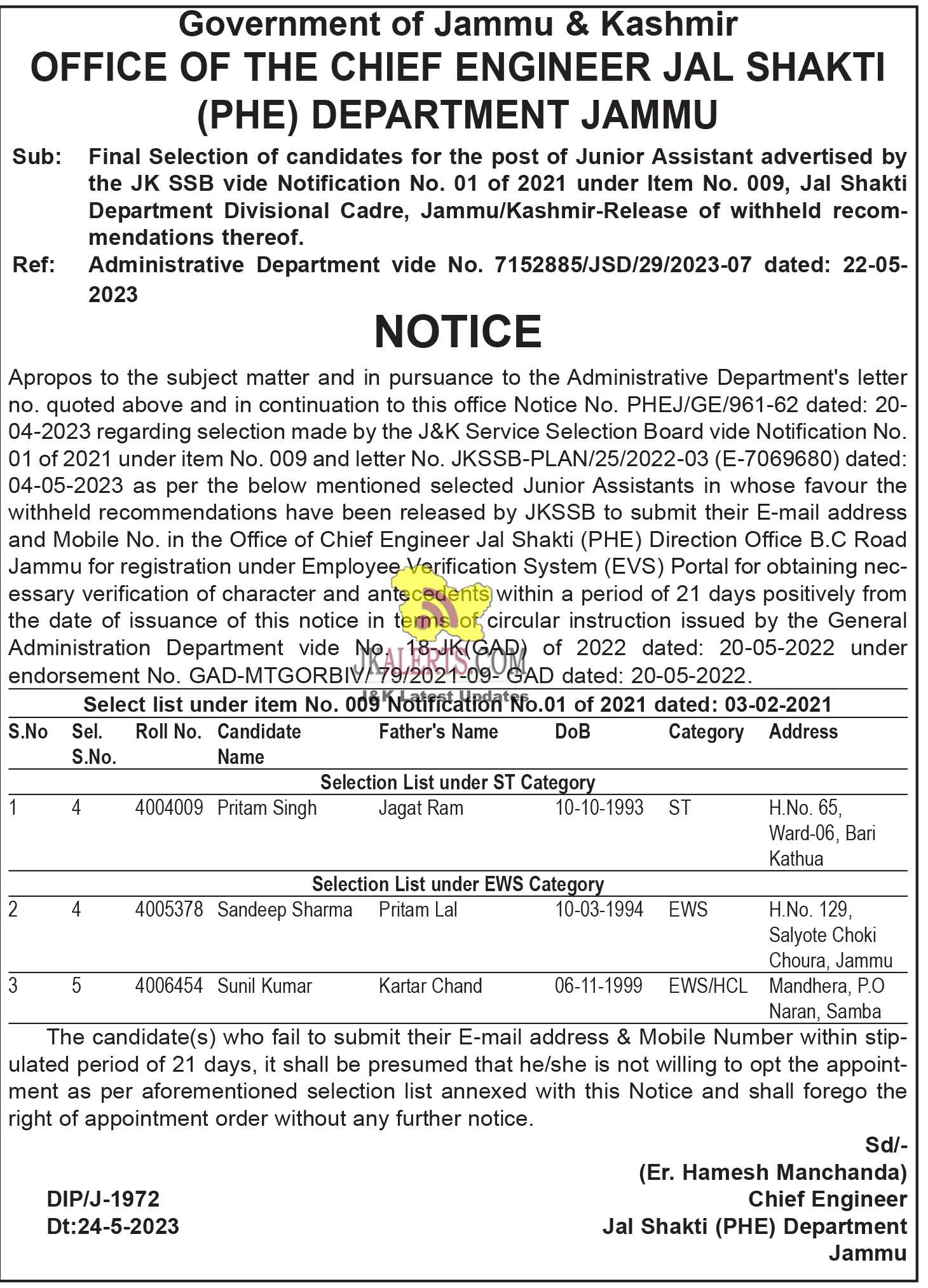 Jal Shakti (PHE) department Selection List for the post of Junior ...