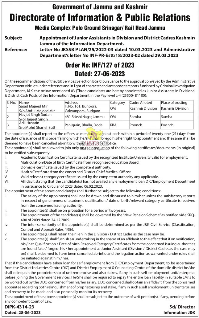 Appointment of Junior Assistants in Information Department.
