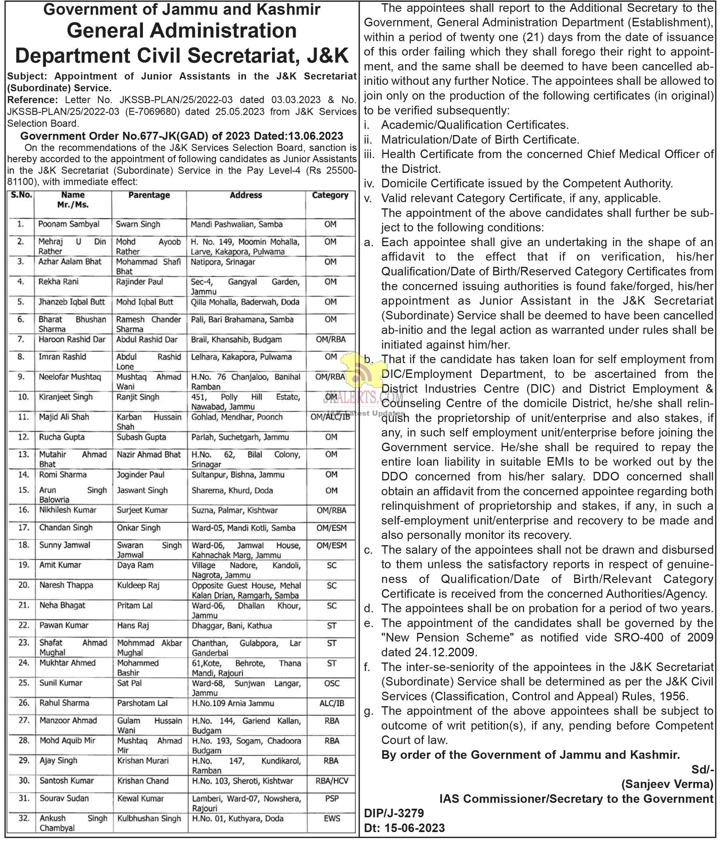 Appointment of Junior Assistants in Civil Secretariat.