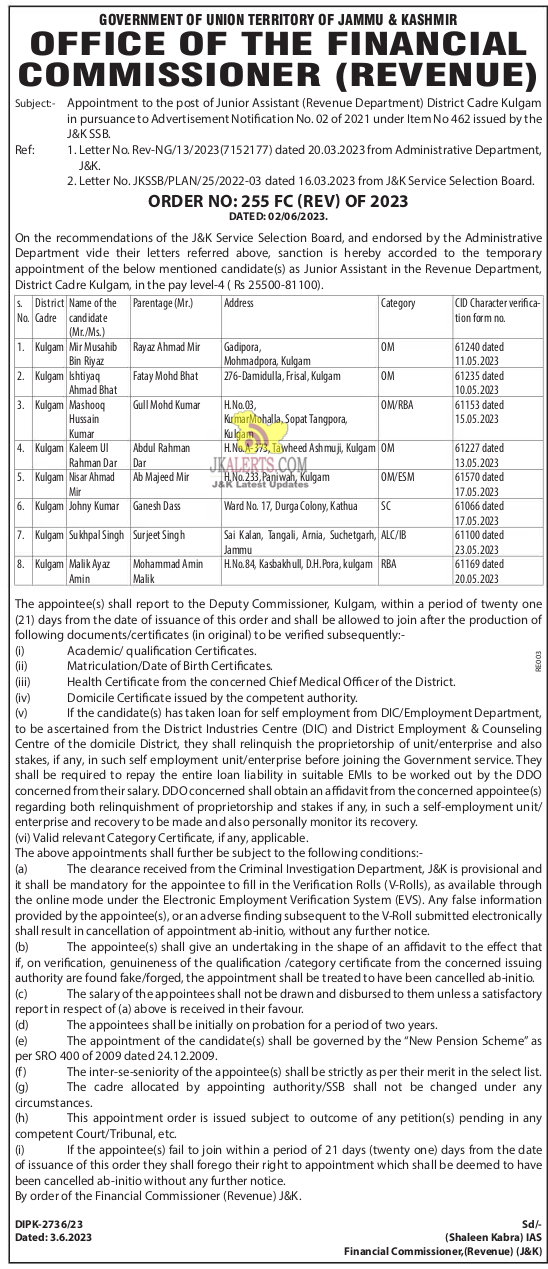 Appointment of Junior Assistants in Revenue Department