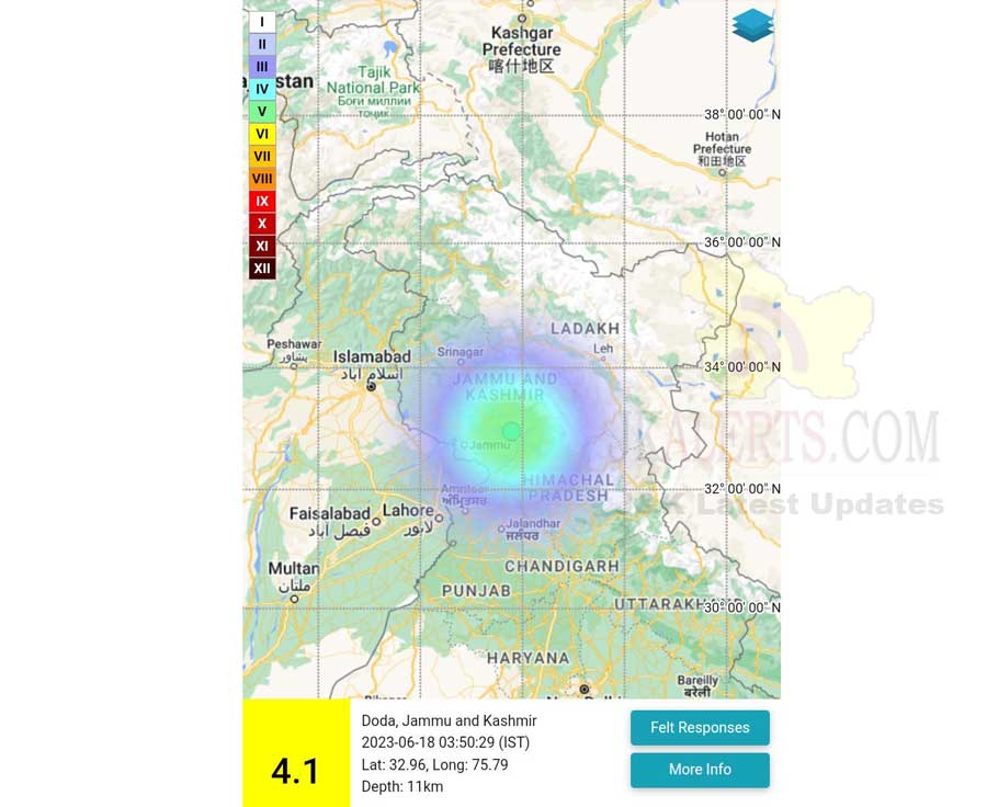 Earthquake of Magnitude 4.1 hits Doda. | JKAlerts JK Updates