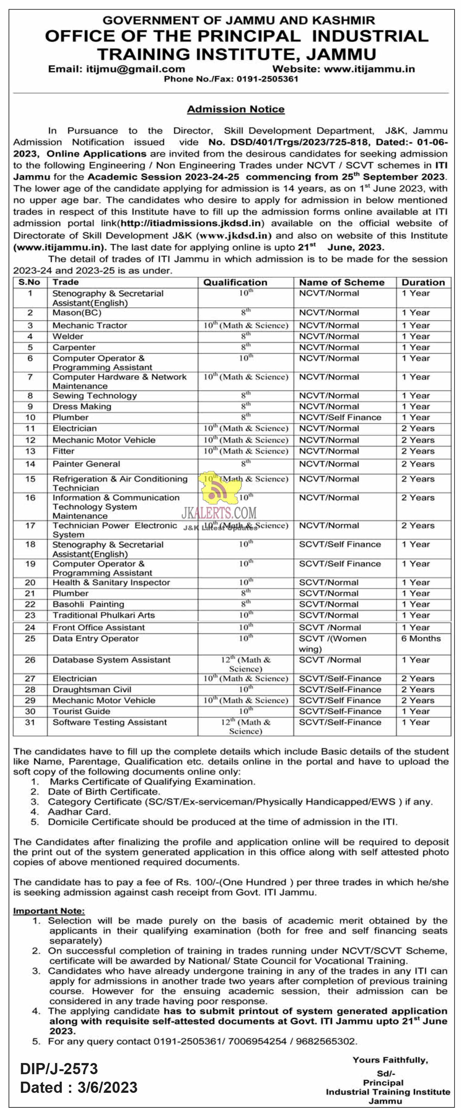 ITI Jammu Admission for Engineering/Non-Engineering Trades.