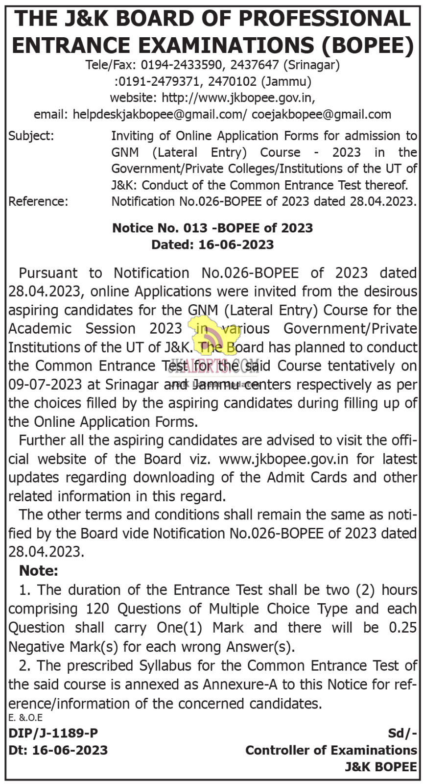 JKBOPEE Admission to GNM (Lateral Entry) Course 2023.