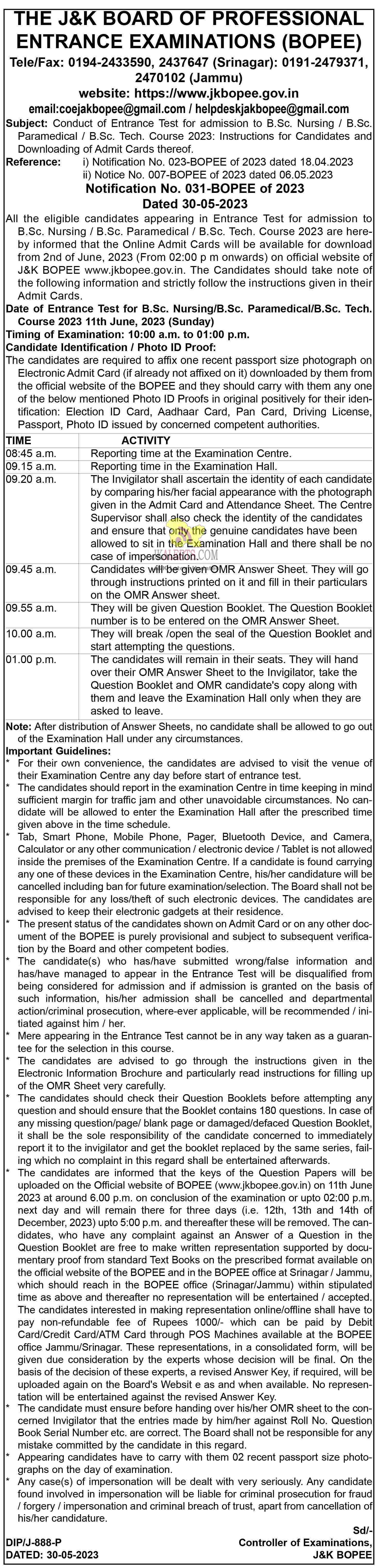 JKBOPEE Instruction and Admit card for Entrance Test. | JK
