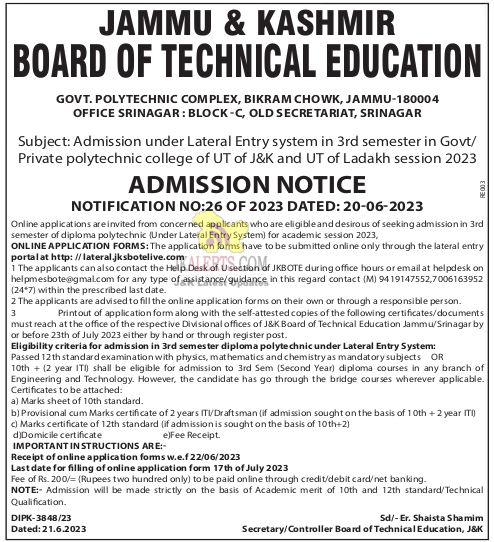 JKBOTE Admission in Govt. and Private Polytechnics College.