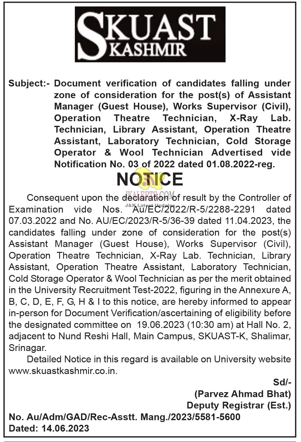 SKUAST Kashmir Document Verification Notice. | JKAlerts JK