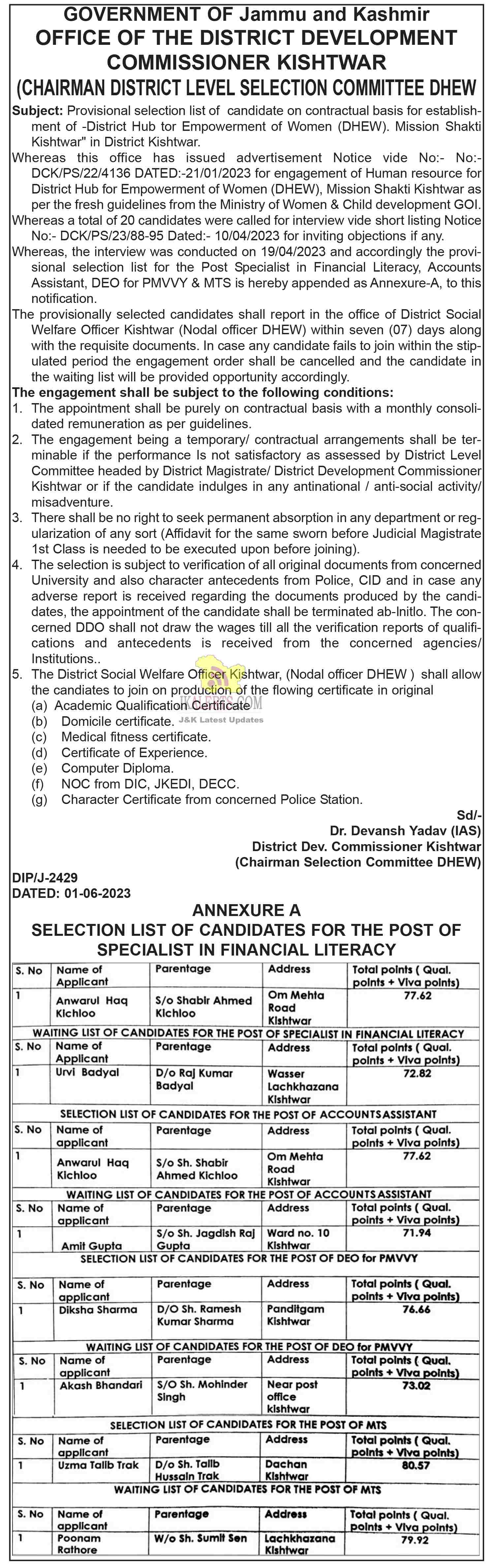 Selection List for Various Post DHEW Mission Shakti in