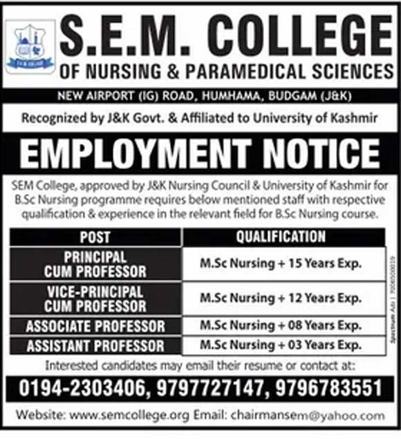 Jobs in SEM College. | Govt Private Jobs updates Jammu, Kashmir, JKSSB ...