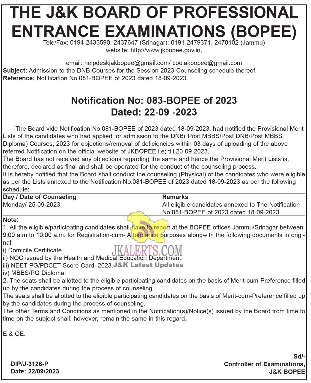 JKBOPEE Counseling schedule for DNB Courses 2023. | JKAlerts