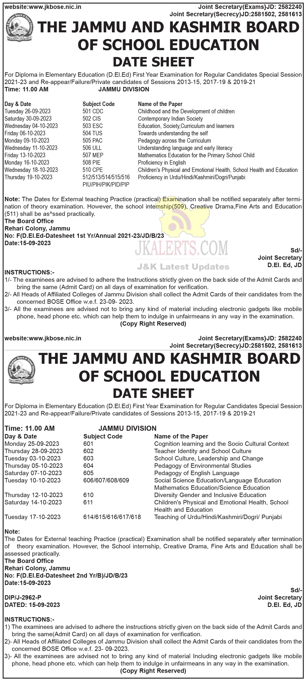JKBOSE D.El.Ed Date sheet. | Govt Private Jobs updates Jammu, Kashmir ...