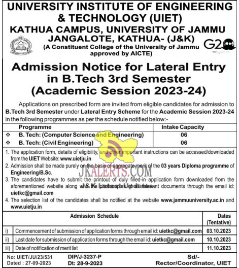 UIET Admission Notice for Lateral Entry in B.Tech 3rd