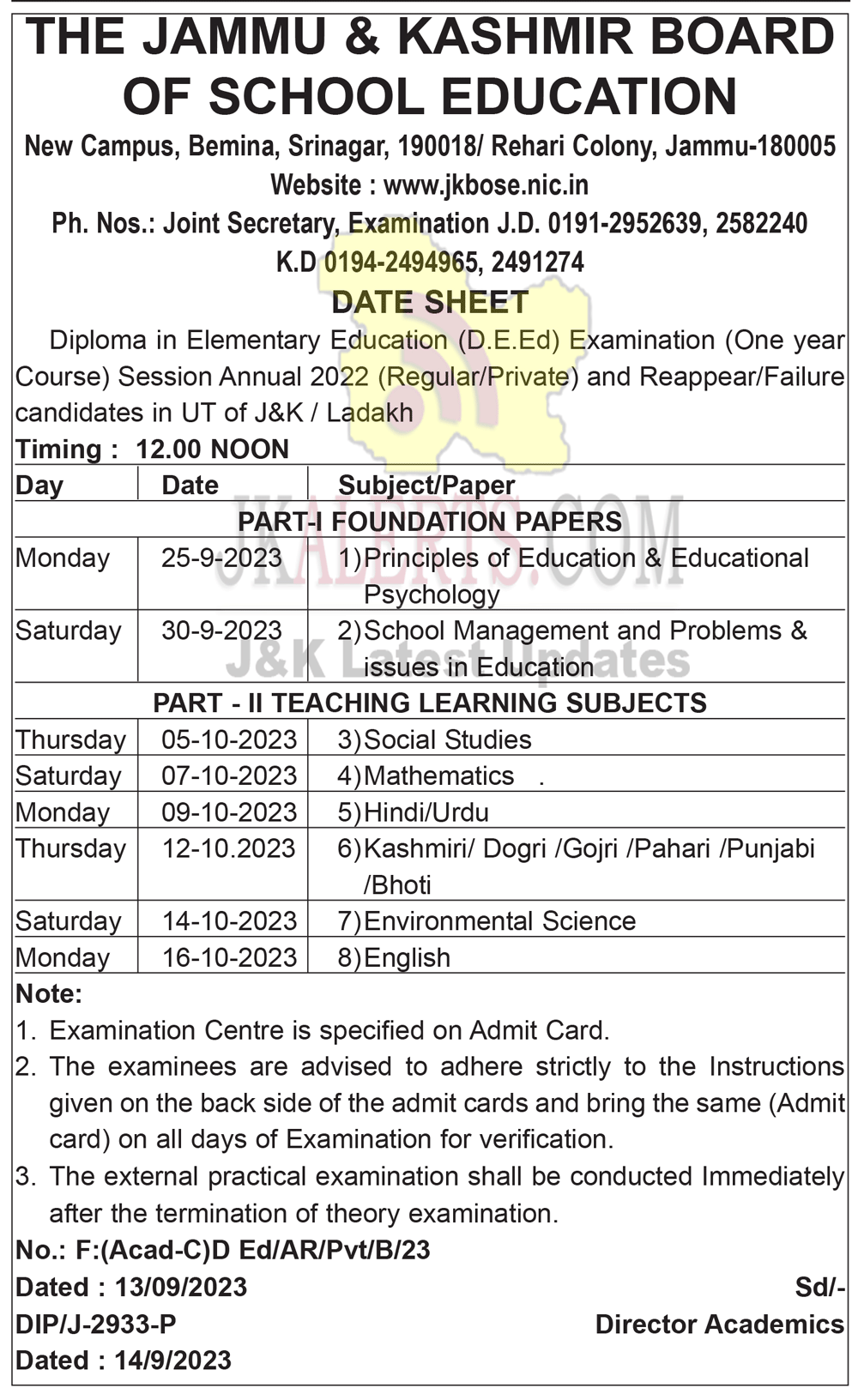 JKBOSE Diploma in Elementary Education D.E.Ed Date Sheet.