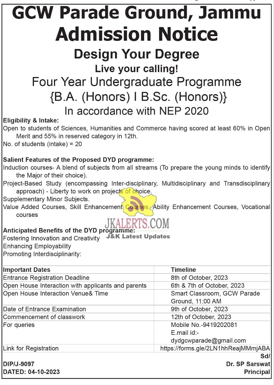 GCW Parade Admission Notification | Govt Private Jobs updates Jammu ...