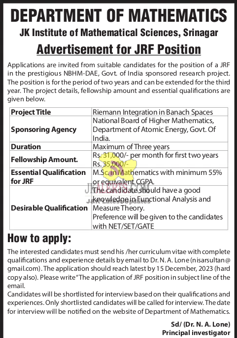 JRF Job in JK Institute of Mathematical Sciences.
