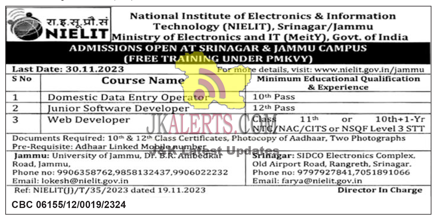 NIELIT free training under PMKVY. | Govt Private Jobs updates Jammu ...