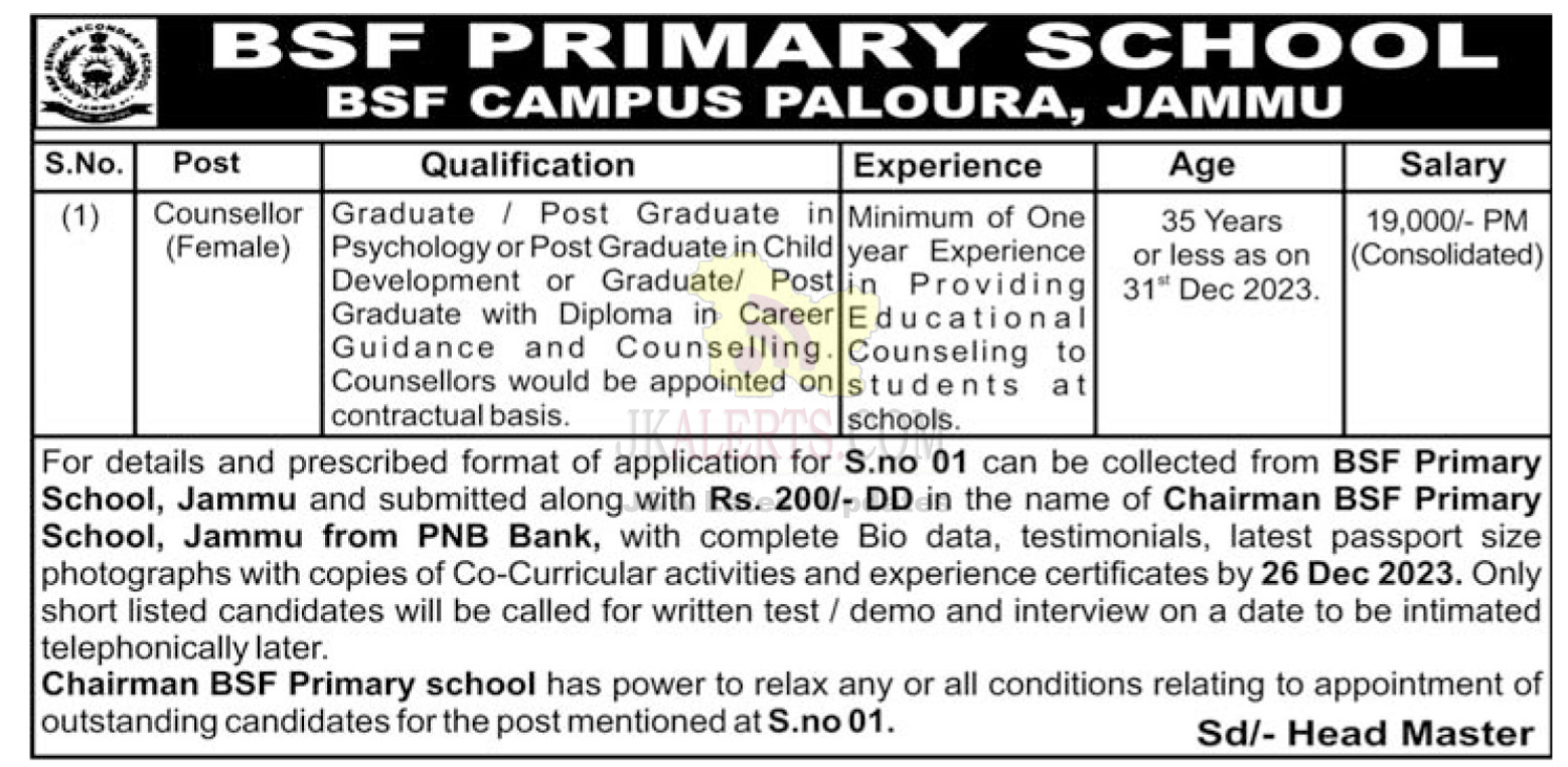 BSF Primary School Jobs. | Govt Private Jobs updates Jammu, Kashmir ...