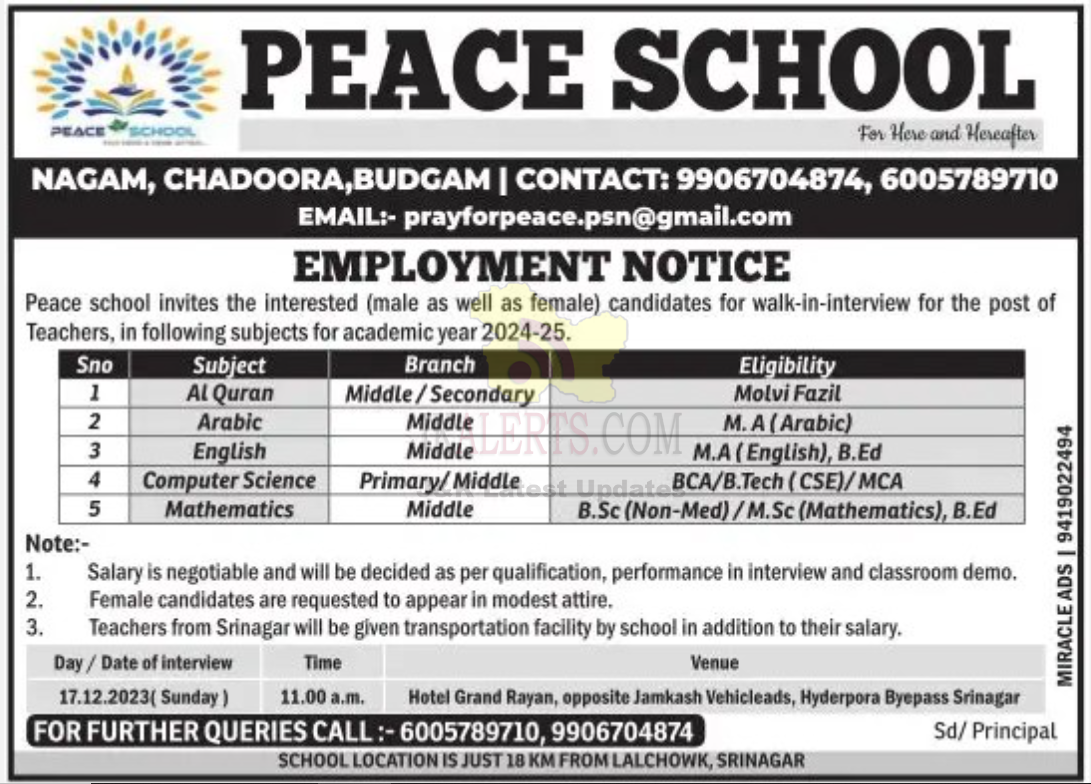 Teacher Jobs in Peace School. | Govt Private Jobs updates Jammu ...