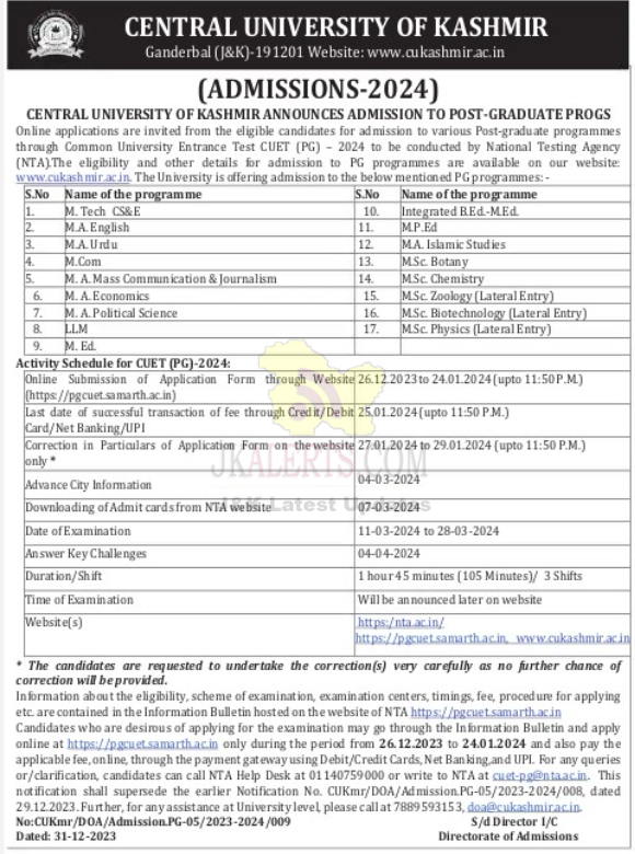 Central University of Kashmir Admission Notice.