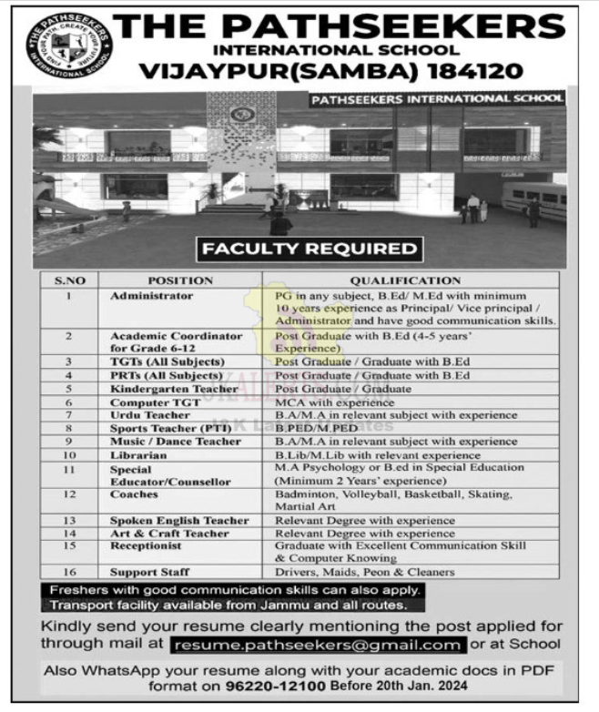 Jobs in PathSeekers International School. | JKAlerts JK