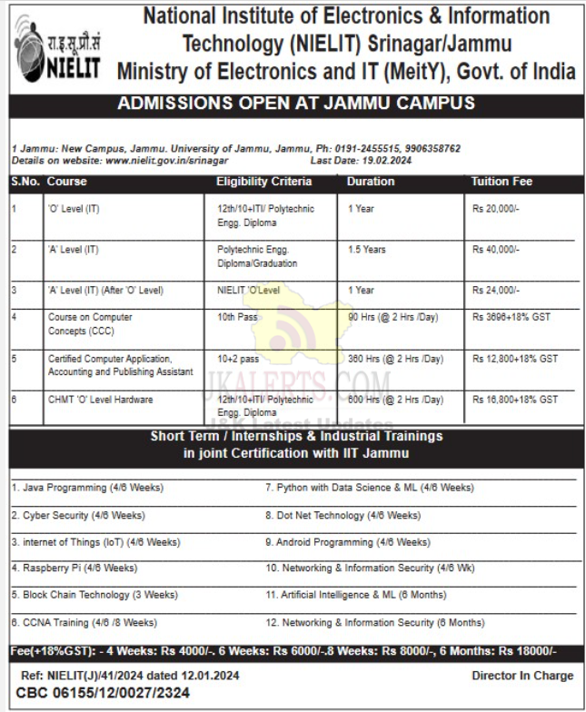 NIELIT Jammu Admission Open for Short Term / Internships