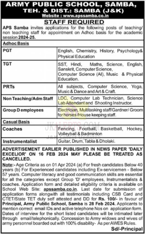 Army Public School (APS) Samba Job Recruitment 2024