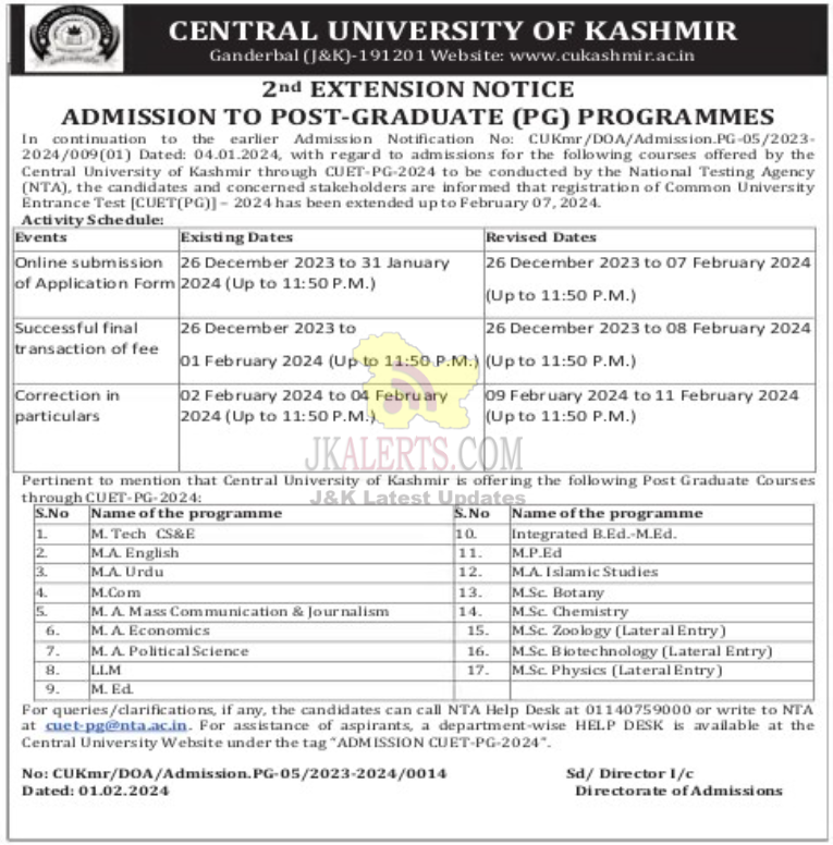 Central University Of Kashmir Admission To Pg Programmes